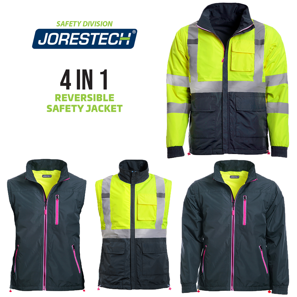 Jorestech 4 in 1 Hi-Vis Reversible Safety Jacket with Removable Sleeve ...